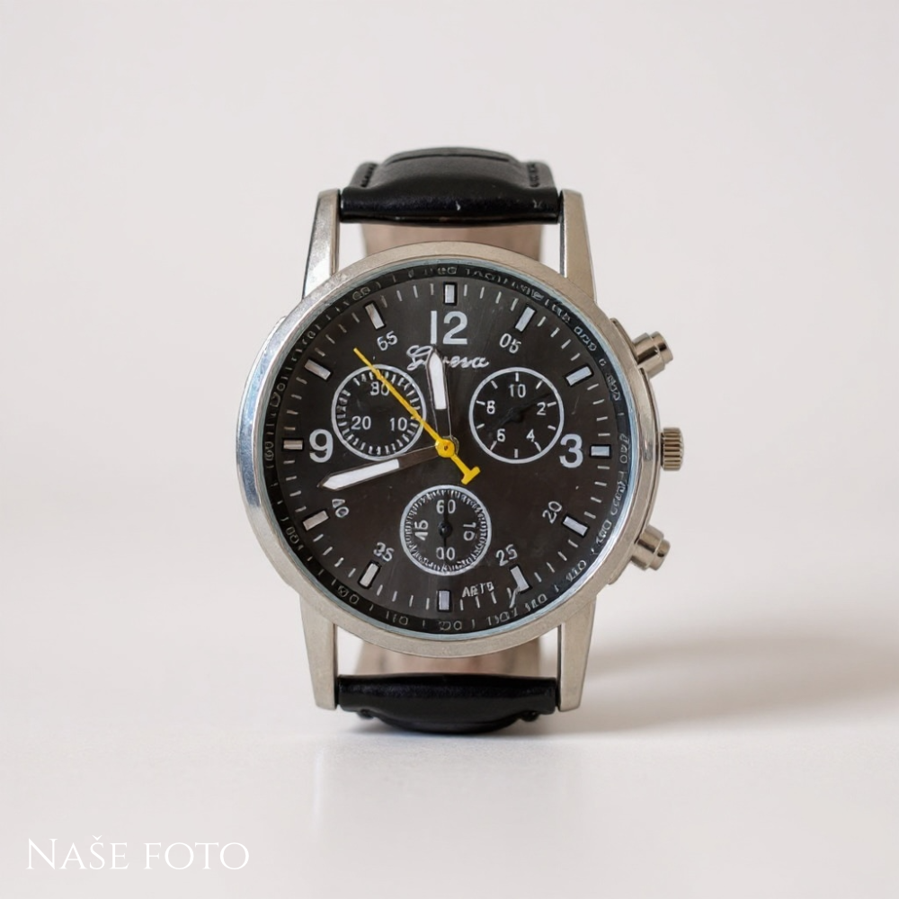 panske-hodinky-cerne-leskly-pásek-sperky-pfleger